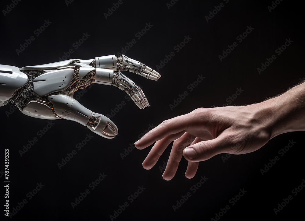 artificial intelligence, a robot hand and human hand touching each ...