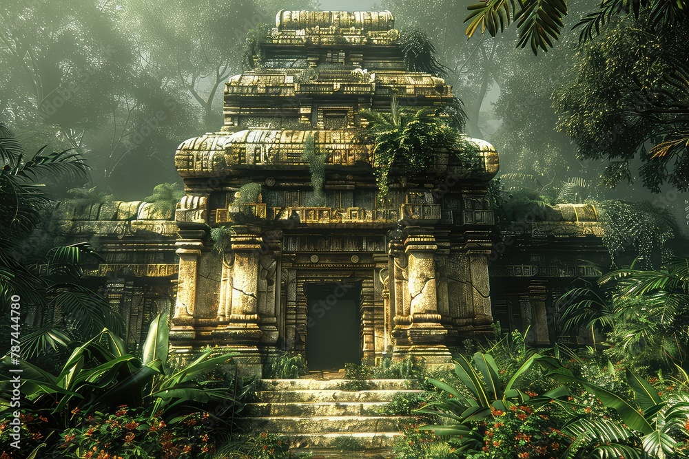 An ancient temple lost in the jungle. The temple's grand staircase ...