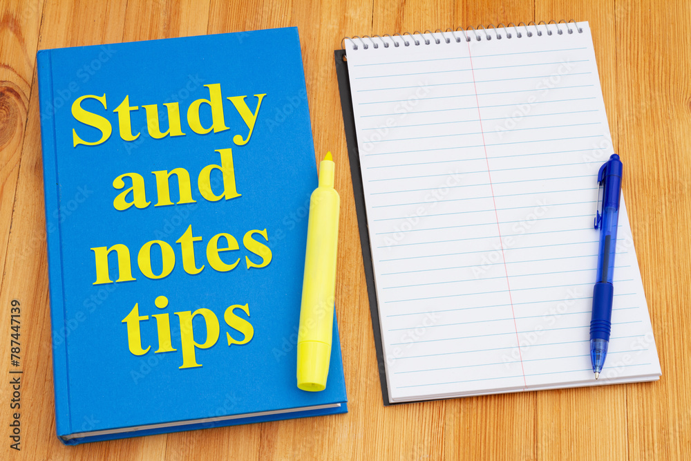 Study and Notes Tips with retro old blue book with highlighter marker ...