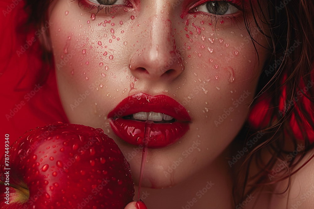 Woman with red lips biting into a wet apple on a red backdrop ...