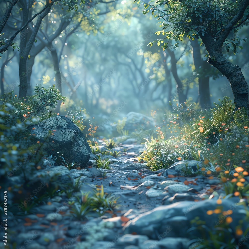Illustrate a mystical forest in a Fantasy world from behind, infused ...