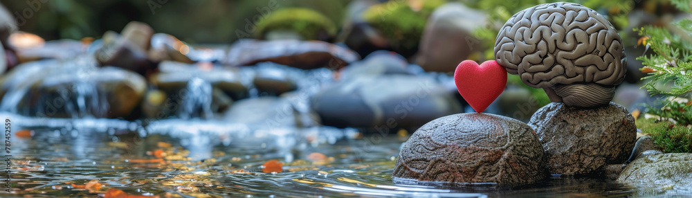 A heart and brain connected by a flowing stream in a Zen garden ...