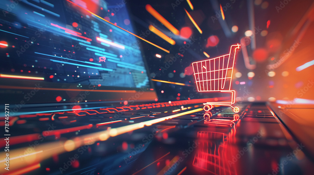Animated icons of shopping carts racing towards a finish line on a ...