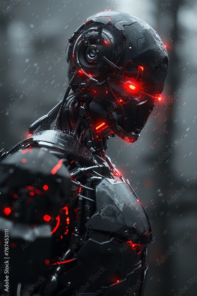 Create a digital rendering of a menacing, futuristic cyborg with ...