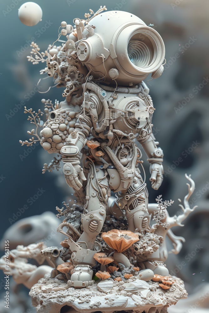 Craft a detailed, surreal clay sculpture showcasing a Tilted angle view ...