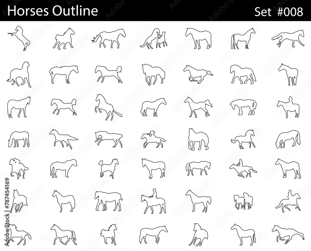 Minimal style horse line drawing, Side view, set of graphics horses ...