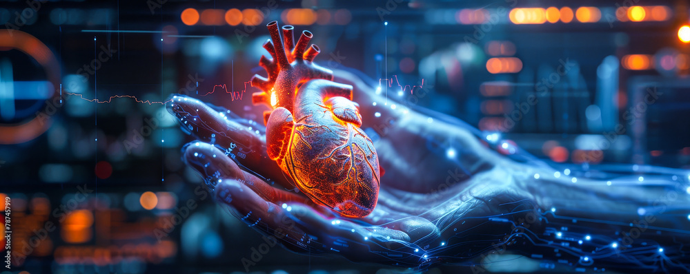 Cardiologist using advanced medical technology to examine virtual heart ...