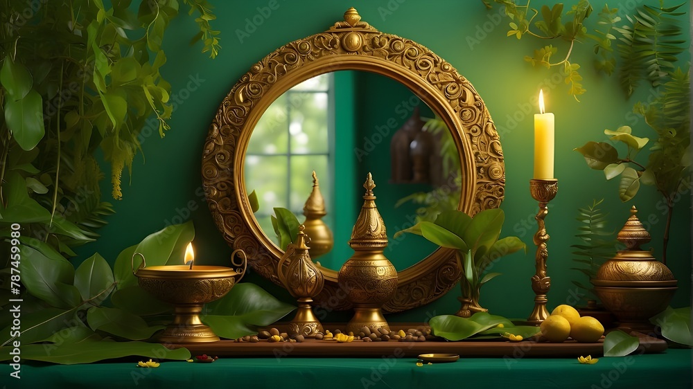 A photorealistic depiction of the Vishu festival elements, featuring a ...