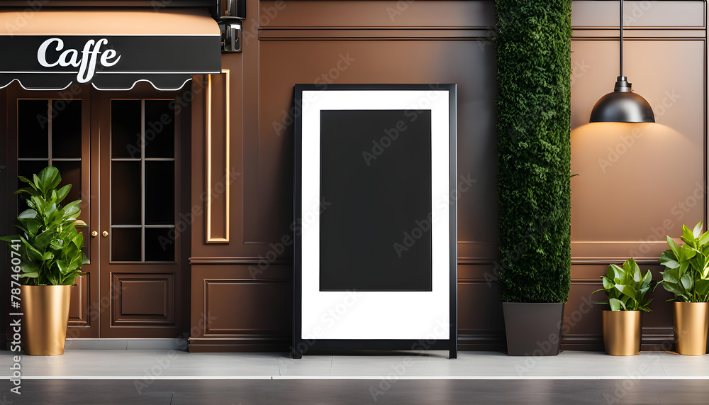 Blank blackboard restaurant shop sign or menu boards near the entrance ...