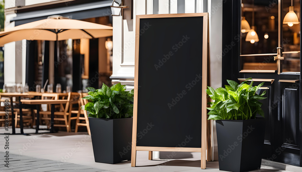Blank blackboard restaurant shop sign or menu boards near the entrance ...