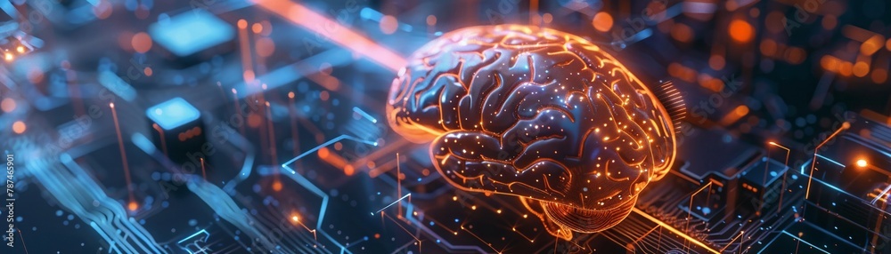 AI brain with glowing neural networks and embedded chips, illustrating ...