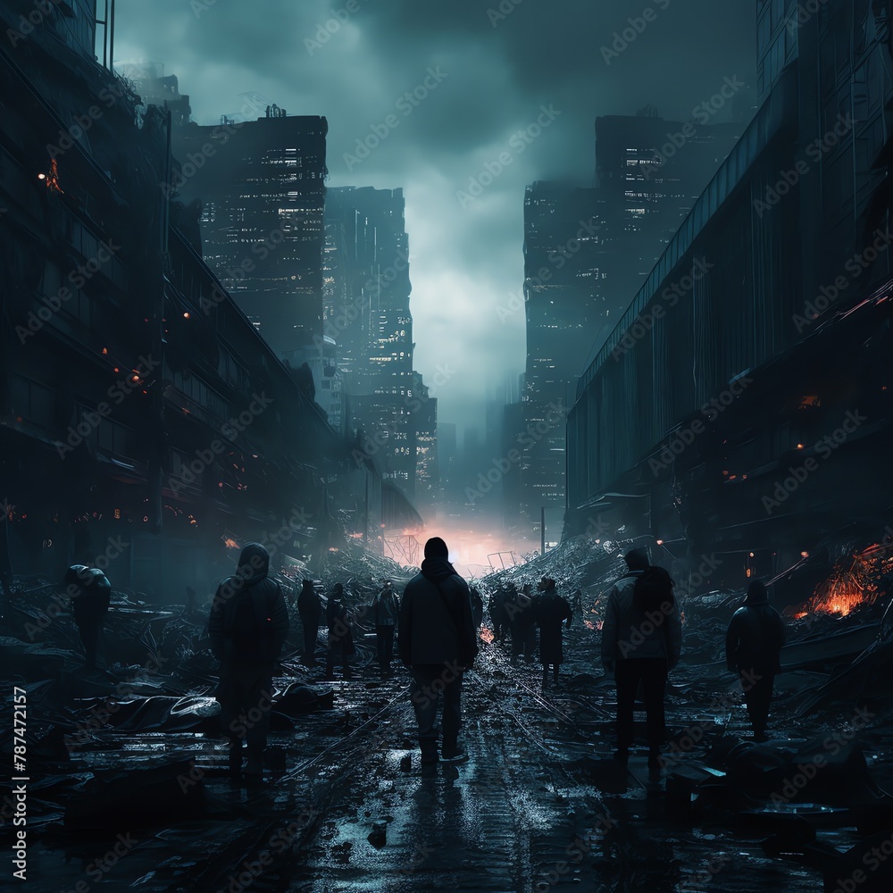 Illustrate a dystopian world with utopian undertones in a digital ...