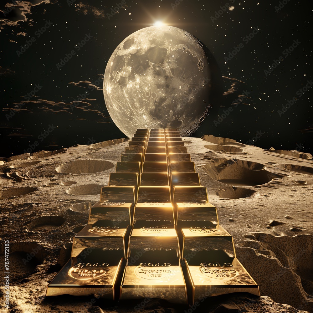 Gold bars stacked to form a staircase leading to the moon: Illustrating the path to financial ...