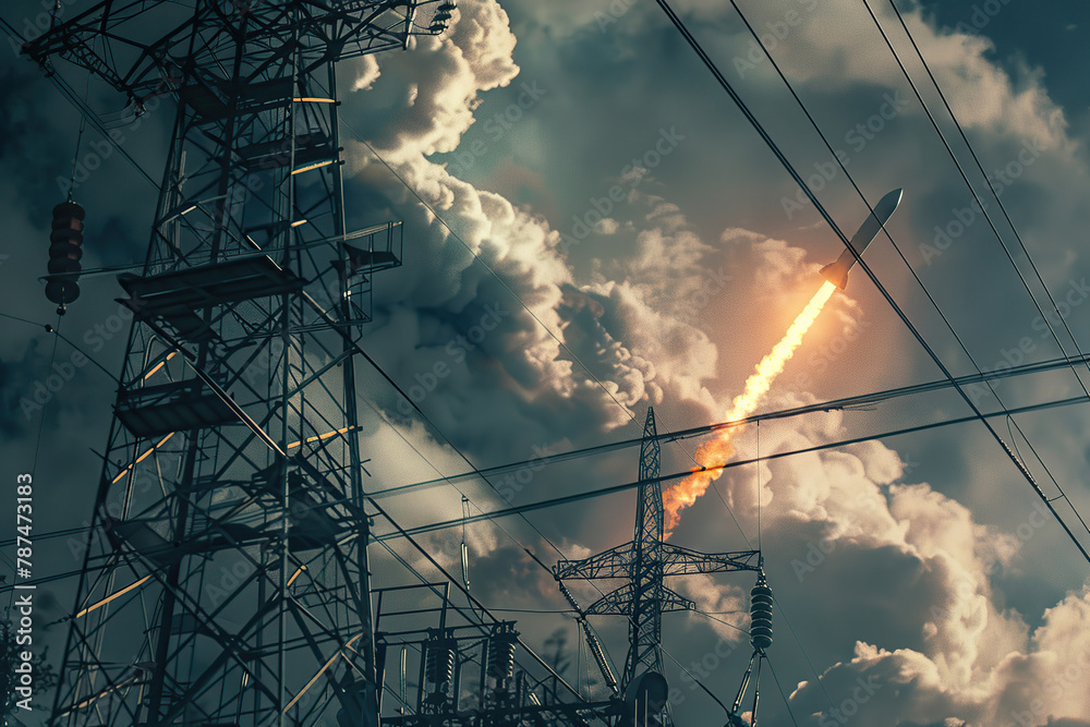 High voltage substation attacked by military air missile, smoke and ...