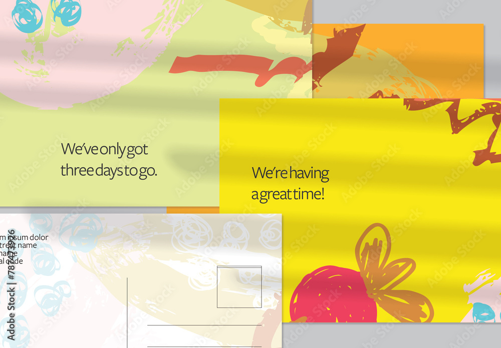 Postcard Layout with Hand Drawn Abstract Brush Strokes and Floral ...