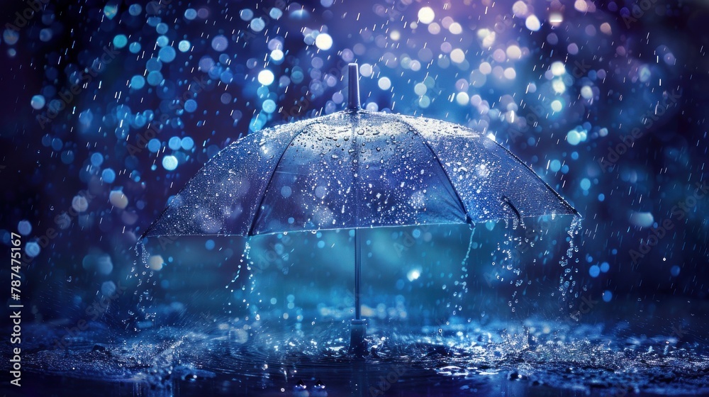 A transparent umbrella shields against a backdrop of heavy rain and ...