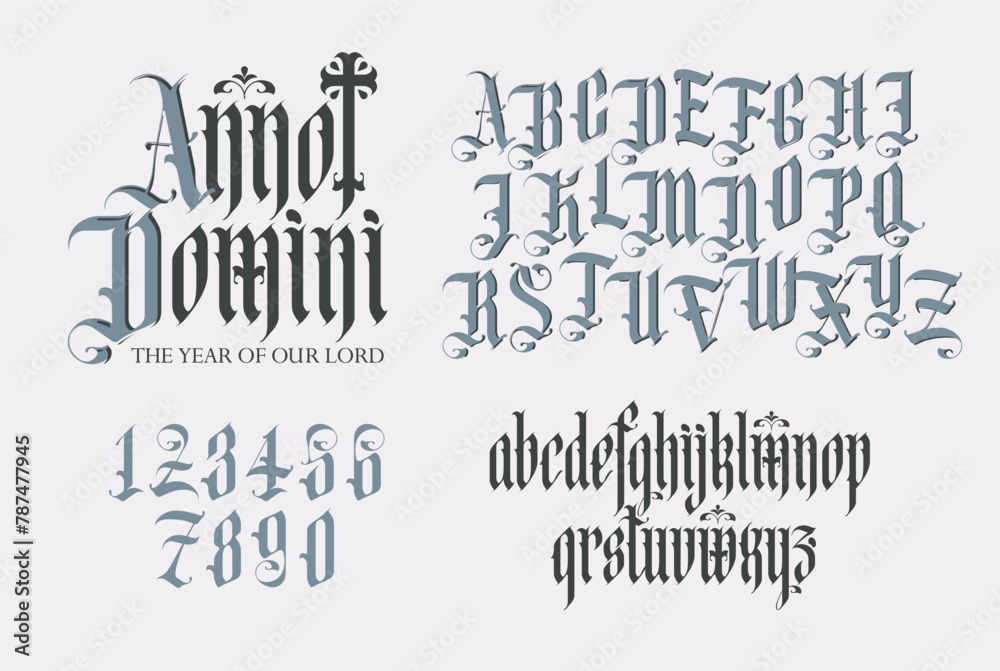 Latin phrase From the Nativity of Christ. Gothic font. Full set of ...