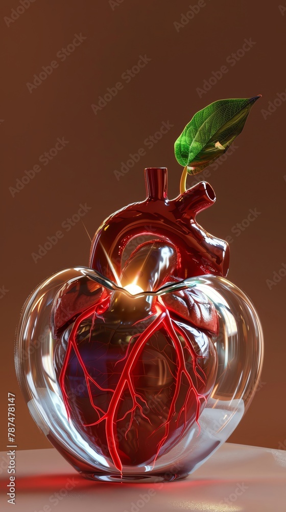 A glass heart with red veins and an apple inside, a glowing leaf on top ...