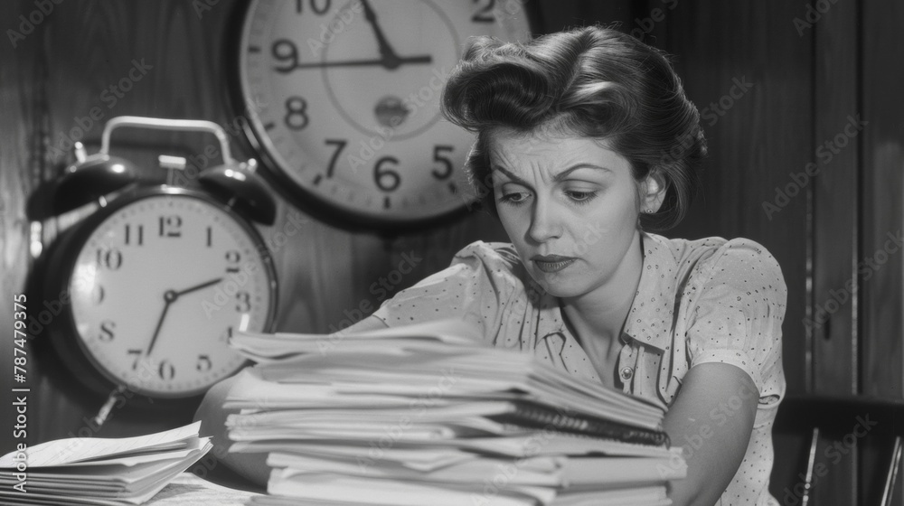 A woman hunched over a pile of paperwork her brow furrowed in ...