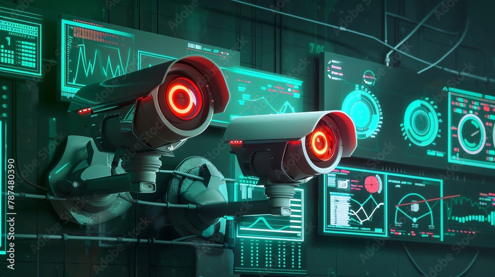 A modern security camera with glowing red eyes, connected to multiple ...
