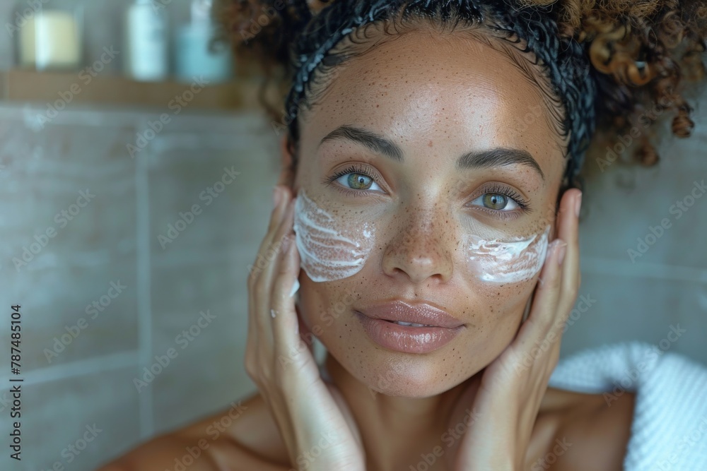 Young woman with freckles applying facial wash in a bathroom setting ...