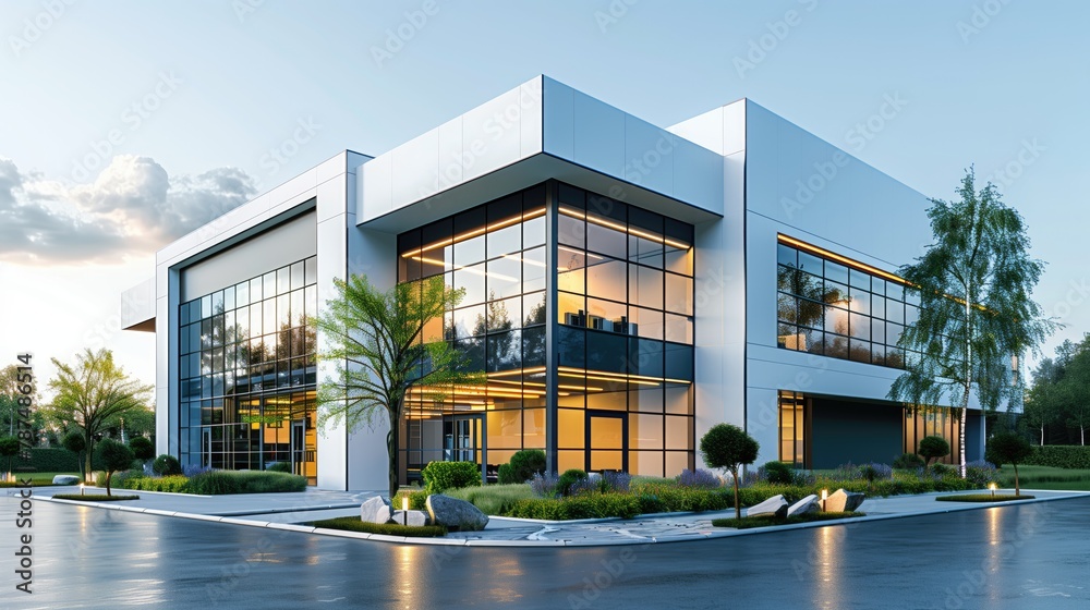 3d render of modern data center office building with glass facade and ...