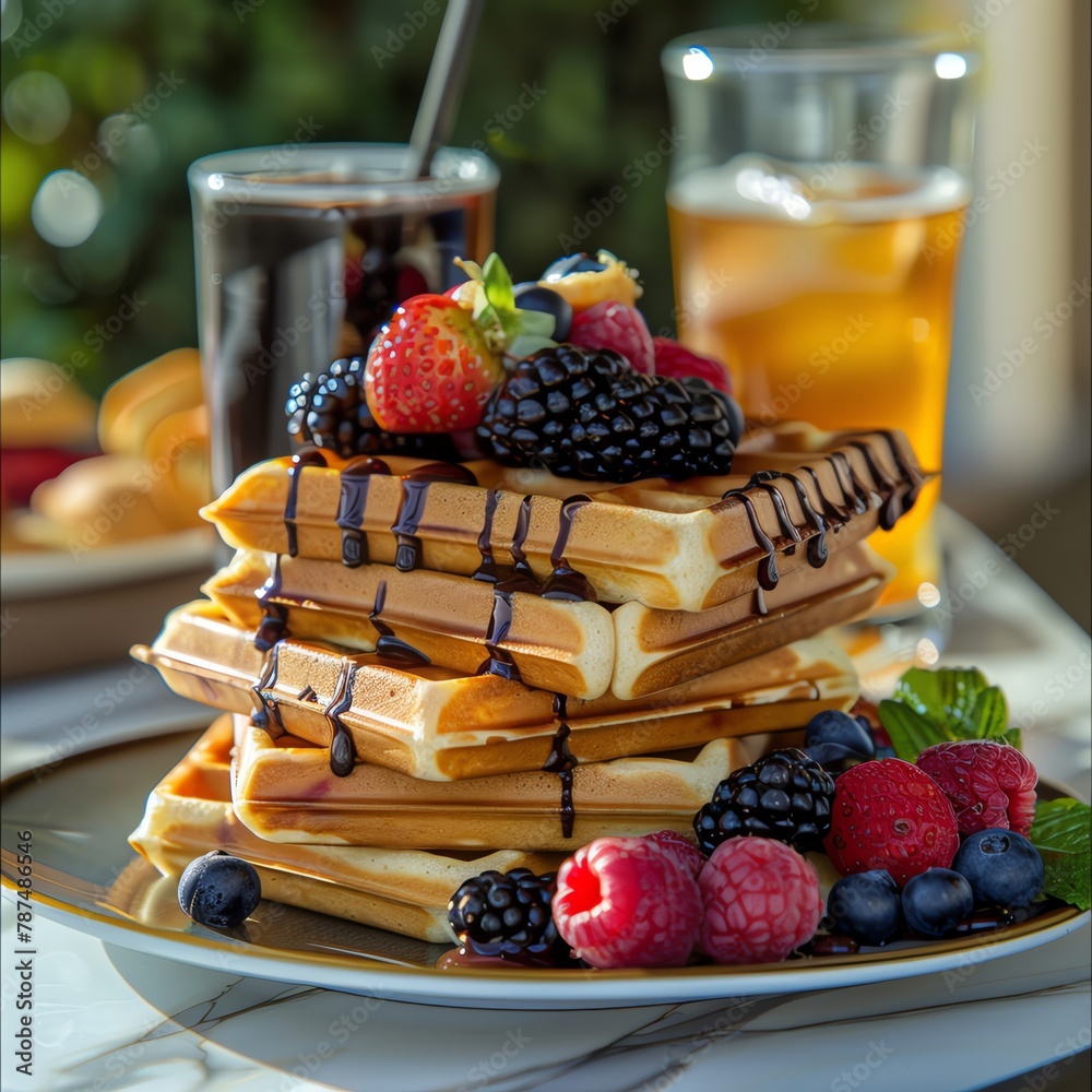 A stack of waffles with chocolate drizzle and fresh berries, set on an ...