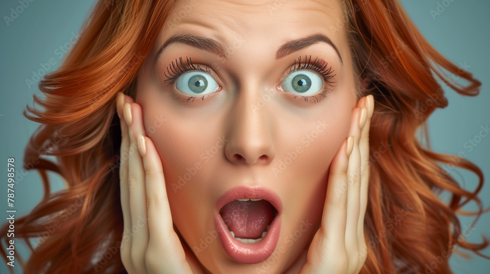 A woman with red hair and blue eyes is making a surprised face. She has ...