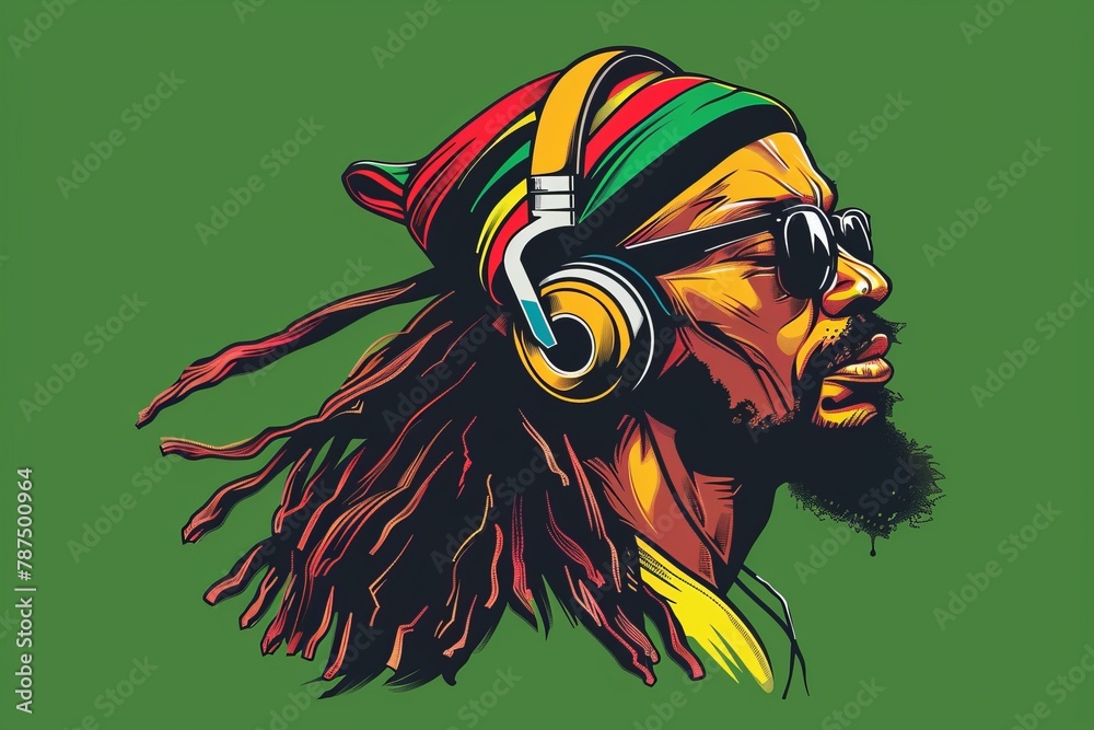 vector logo of Rastafarian with headphones on green background, in the ...