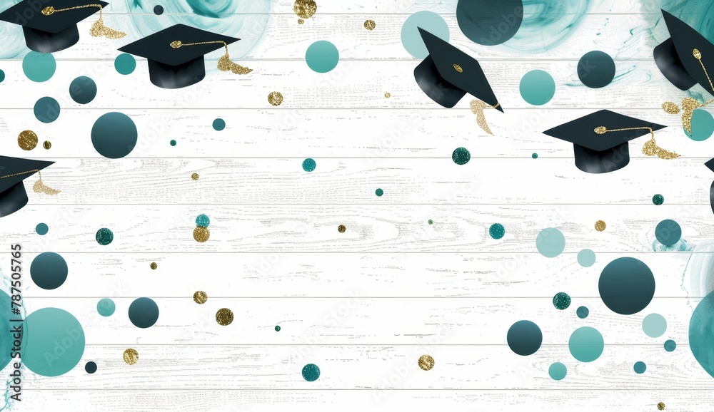 background design with gold glitter and black graduation caps, teal ...