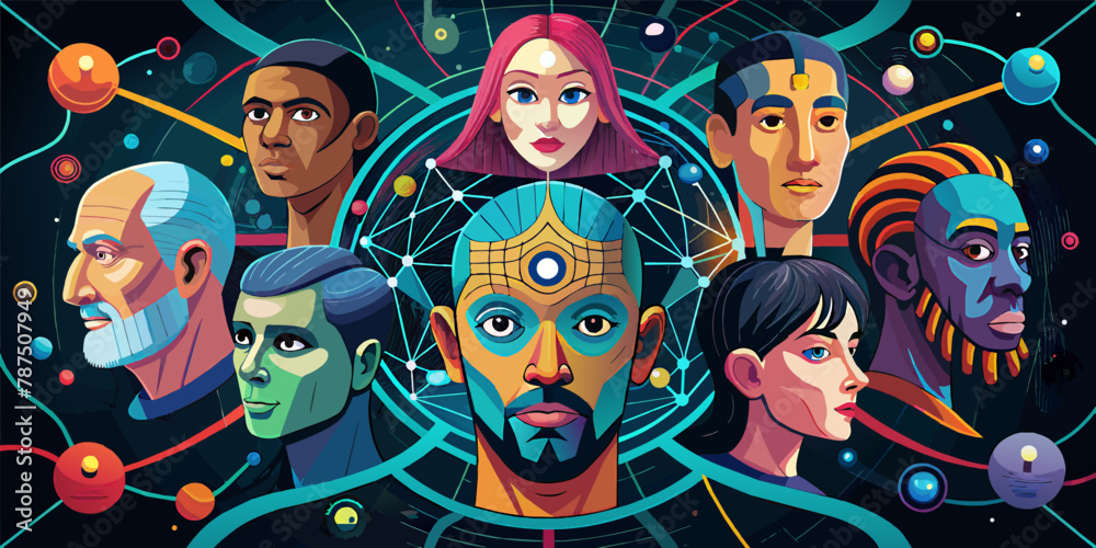 Diverse group of stylized human faces with cosmic and geometric ...