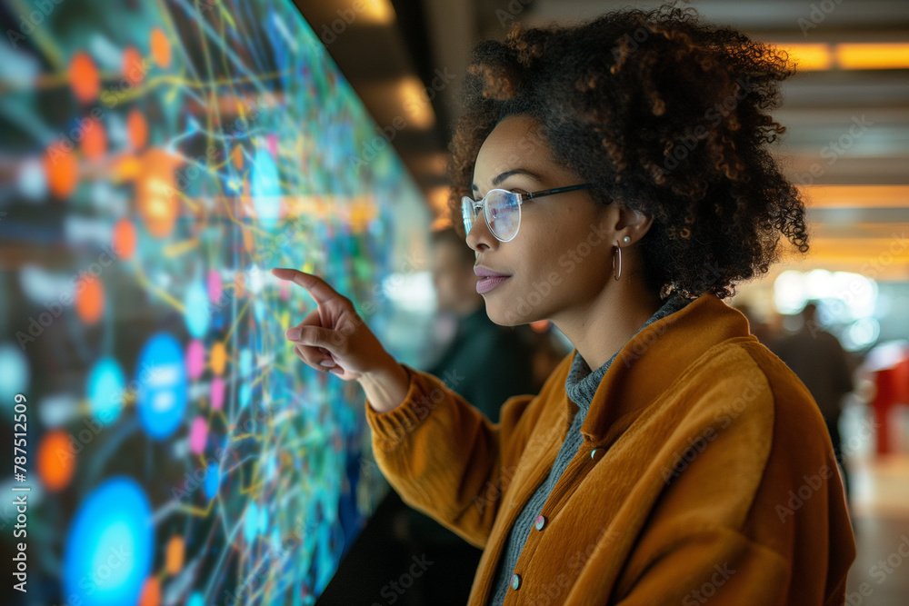 Positioned at a high-tech board, the woman points to a dynamic bubble ...