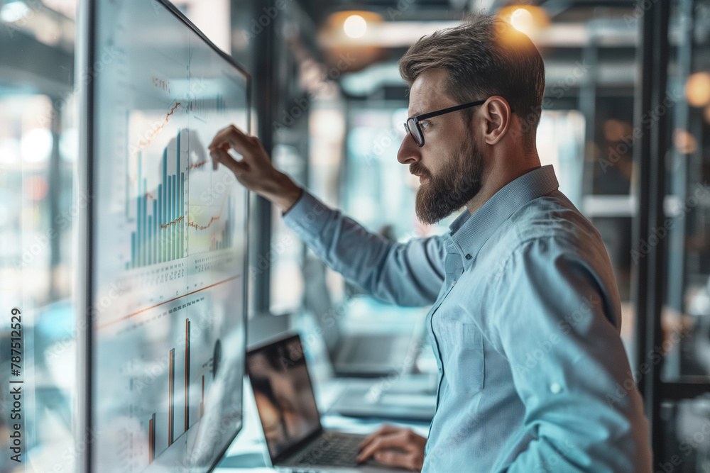 Against a backdrop of modern office architecture, the man delves into a ...