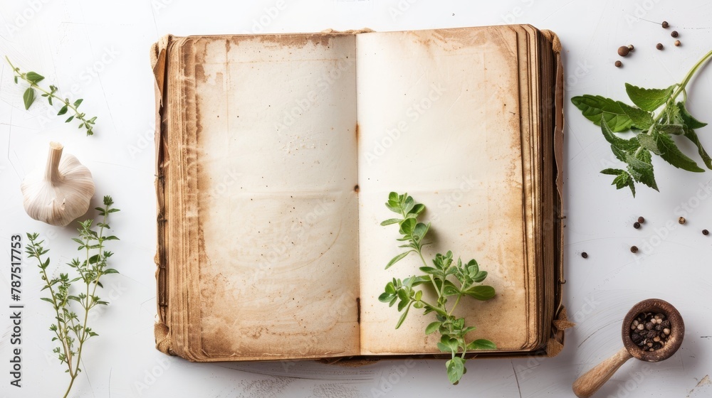 Blank aged cookbook pages on a white background with kitchen herbs ...