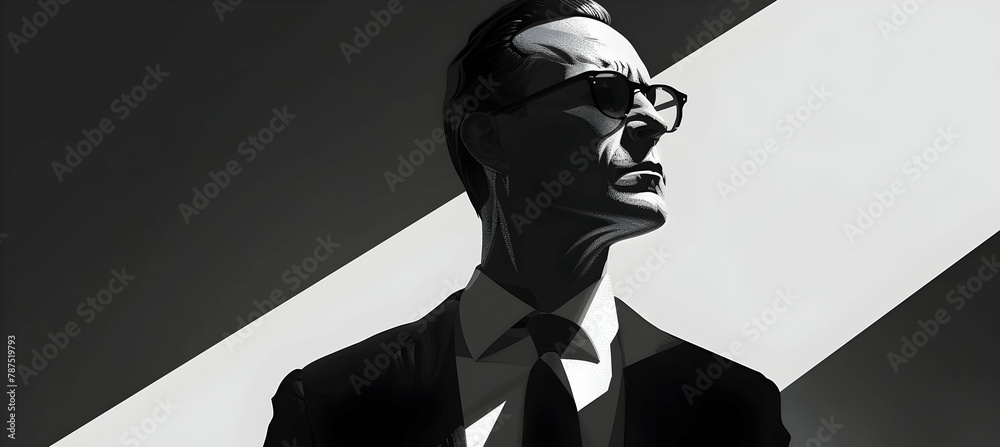 Create a minimalist depiction of a fictional secret agent, using sharp ...