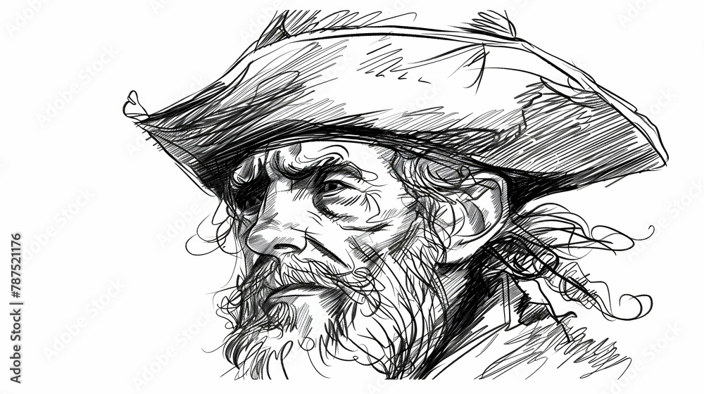 Design a minimalist line drawing of a fictional pirate, capturing his ...
