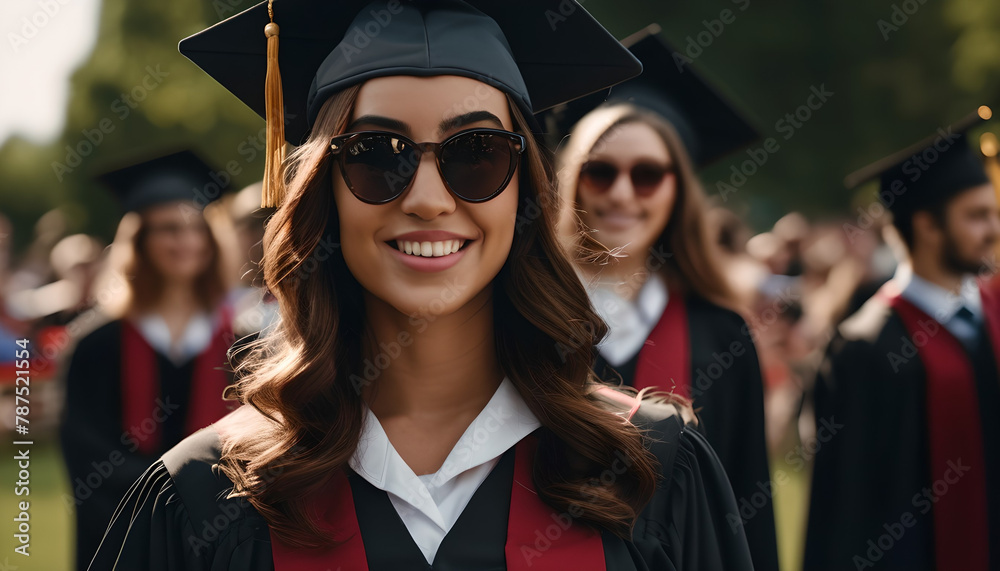 Group of Female students graduates with sunglasses in cap and gown ...