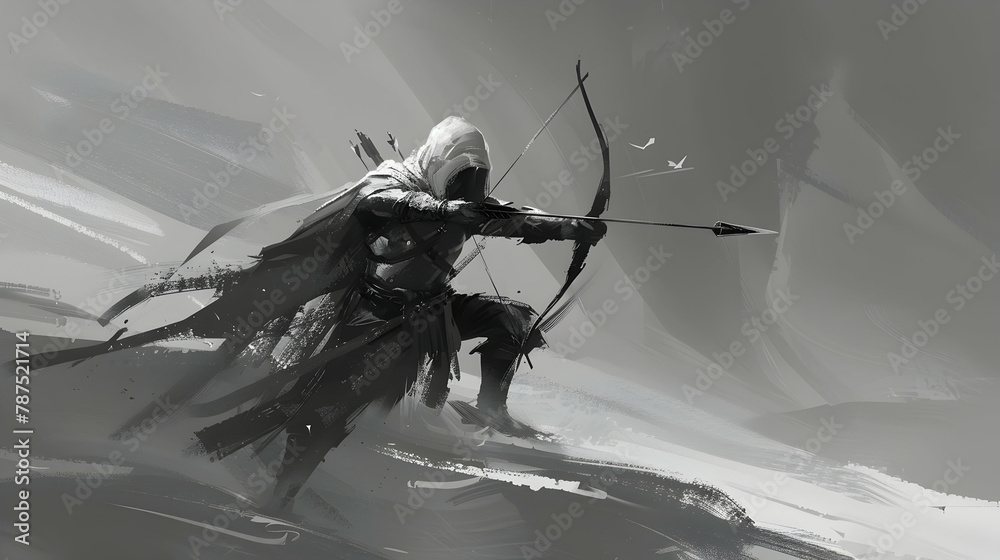 Design a minimalist representation of a fictional archer from a fantasy ...