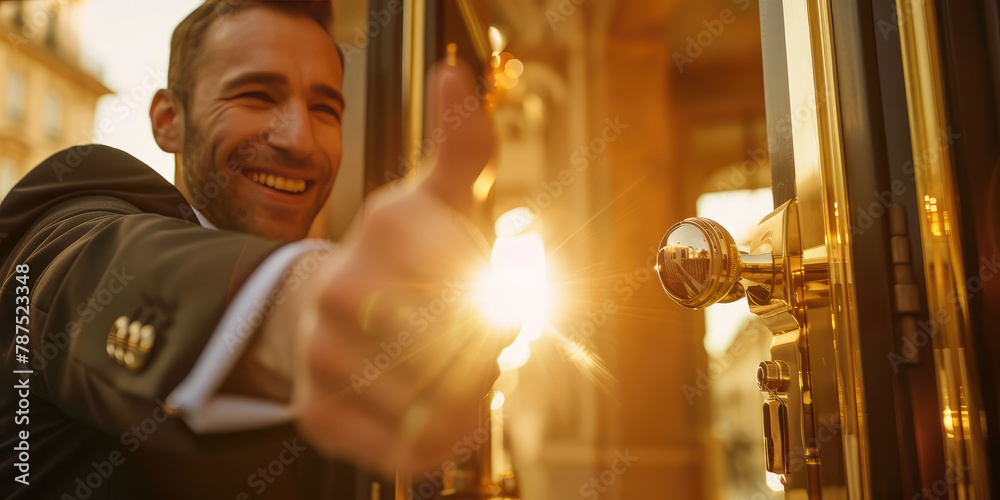 Smiling doorman opens the door to the hotel with an inviting gesture ...