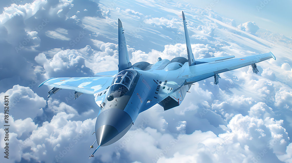 The main subject is a fighter jet painted in a light blue color ...