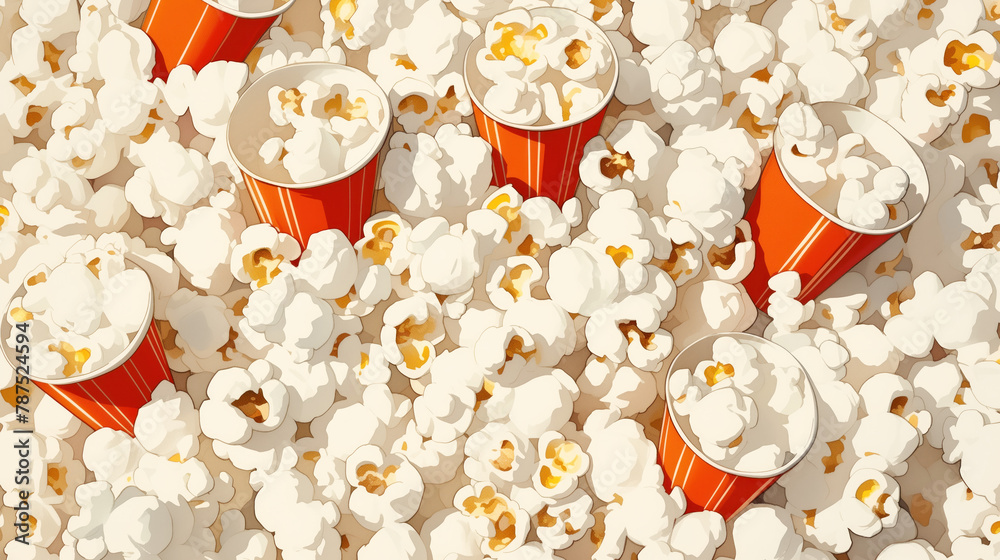 Lots of popcorn with red buckets scattered across the surface ...