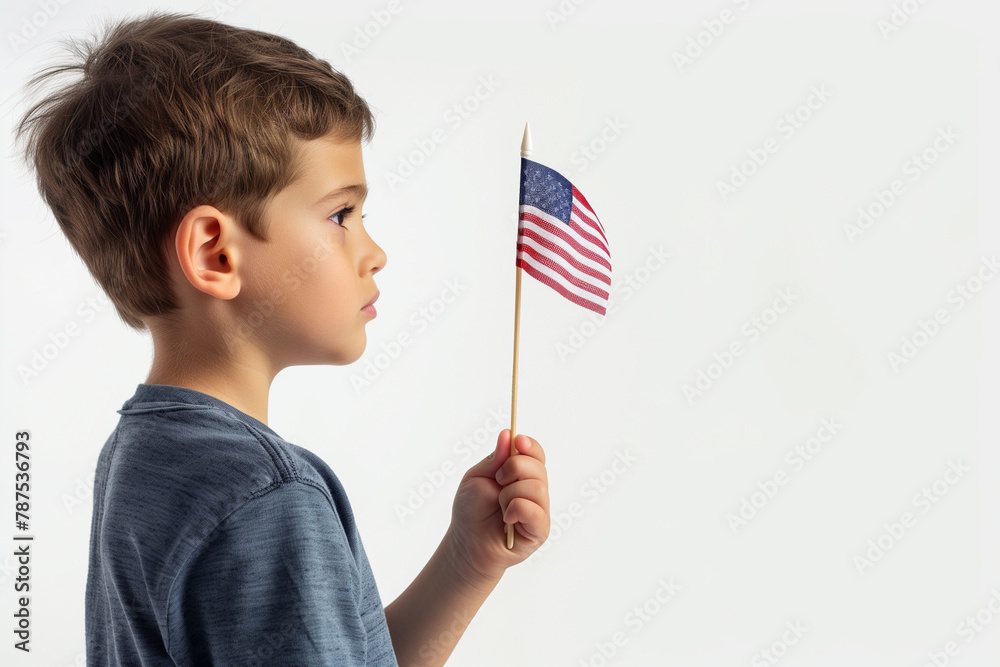 touching image of a child holding a small USA flag against a white ...