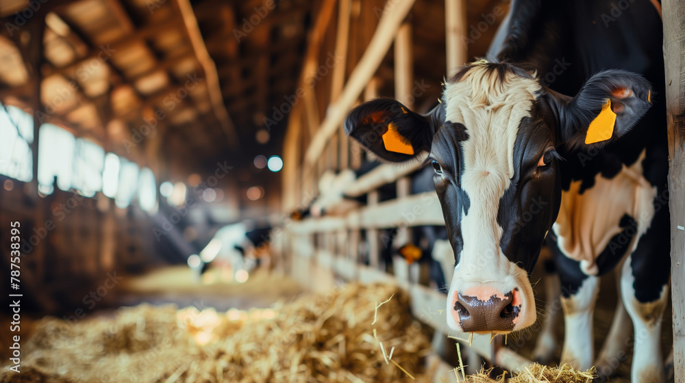 Beautiful herd of purebred cows in the cowshed of a modern farm with ...
