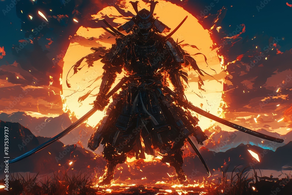 Concept art of a samurai with two katanas formed in an arching pose ...