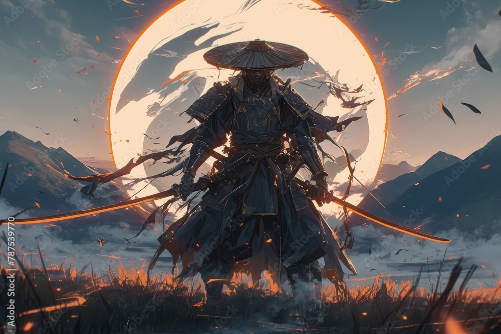 Concept art of a samurai with two katanas formed in an arching pose ...