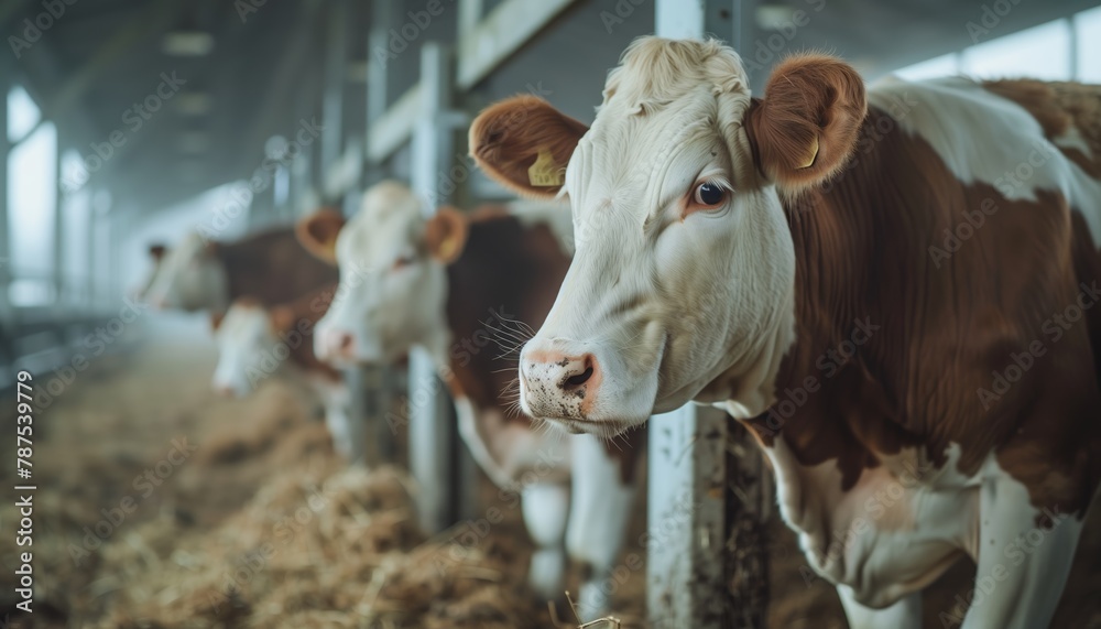 Beautiful herd of purebred cows in the cowshed of a modern farm with ...