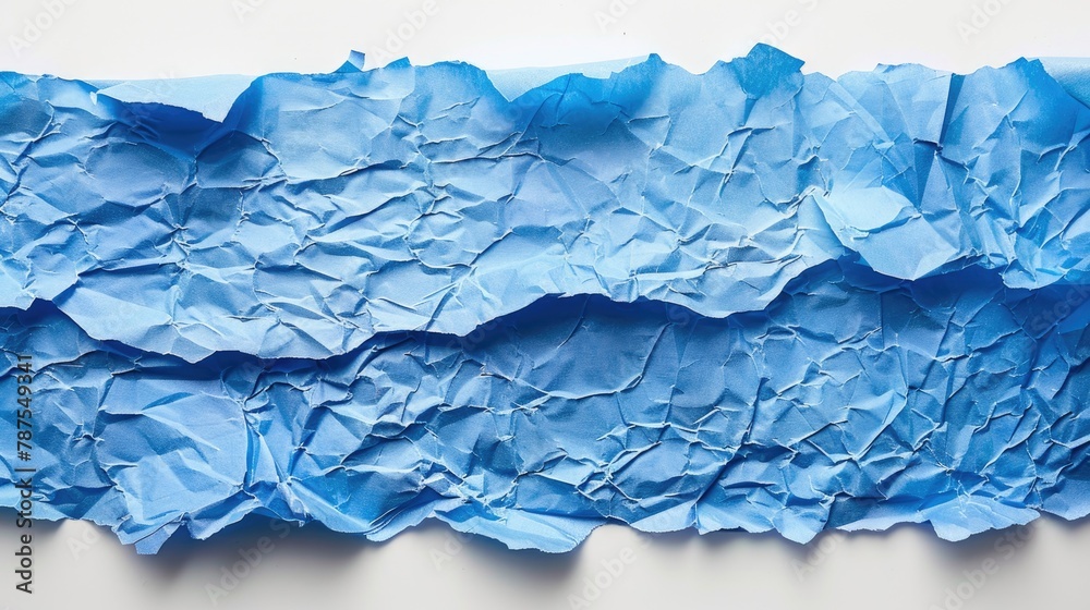 Blue torn tissue paper strips on white background small ripped ...