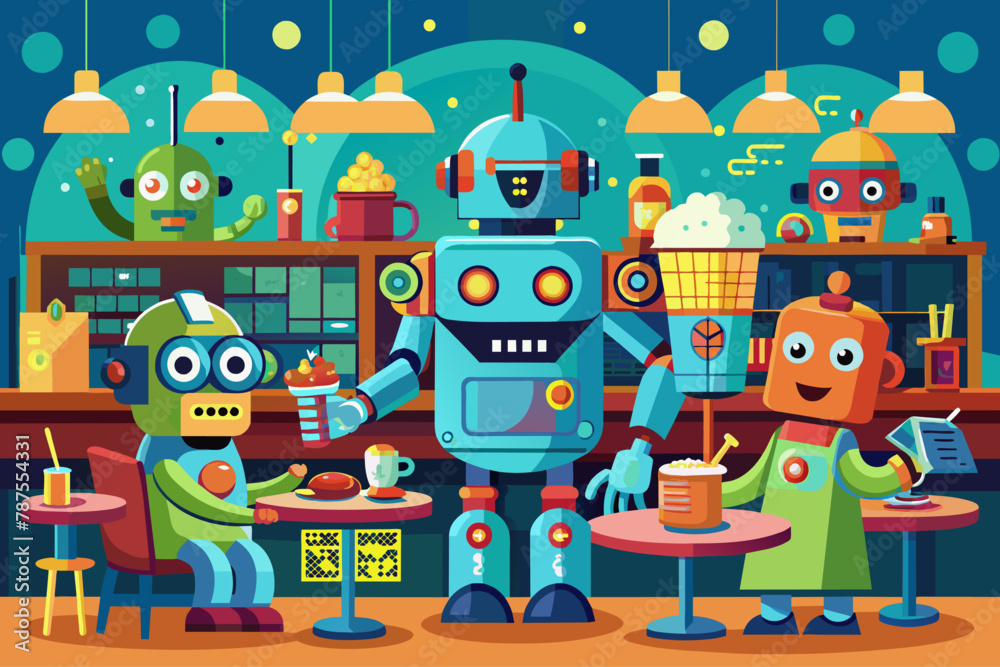 Quirky robot cafe with a variety of mechanical beings serving drinks ...