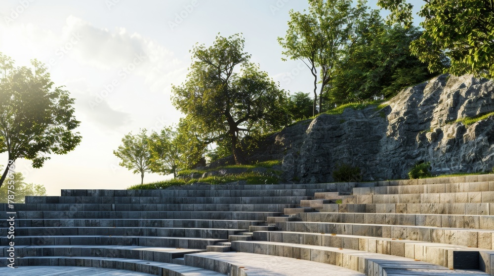 Blank mockup of an amphitheater stage with tiered seating and a stage ...
