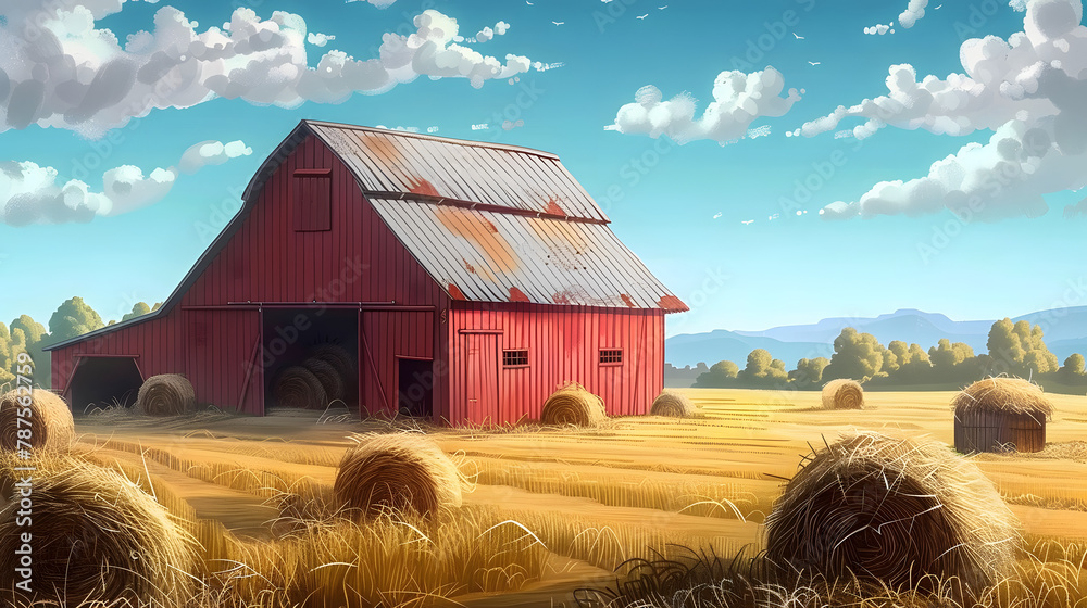 Farm-themed cartoon barn design featuring straw bales and hay piles ...